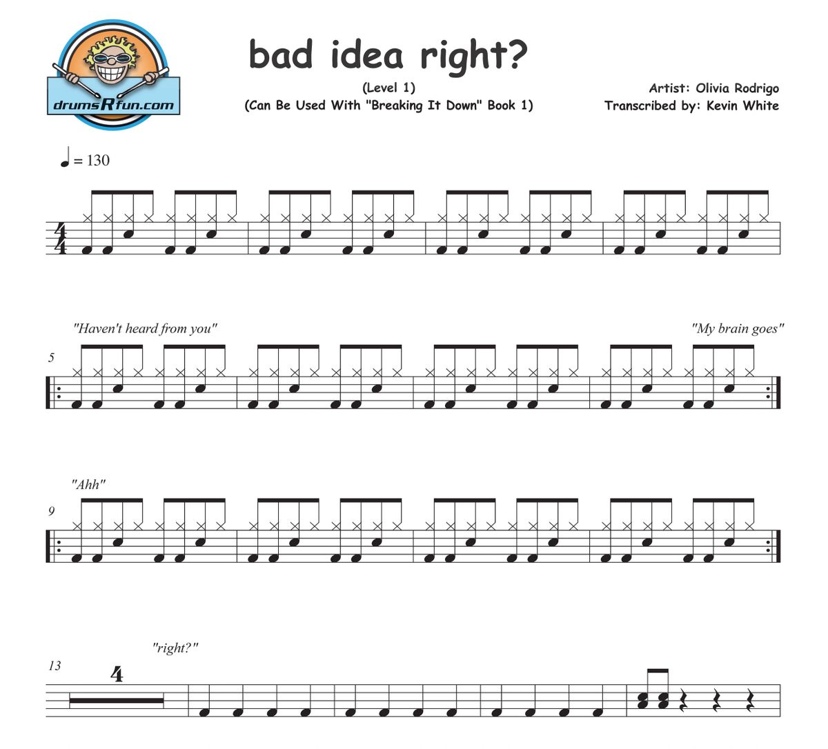 Olivia Rodrigo, bad idea right?, Drum Transcription Level 1